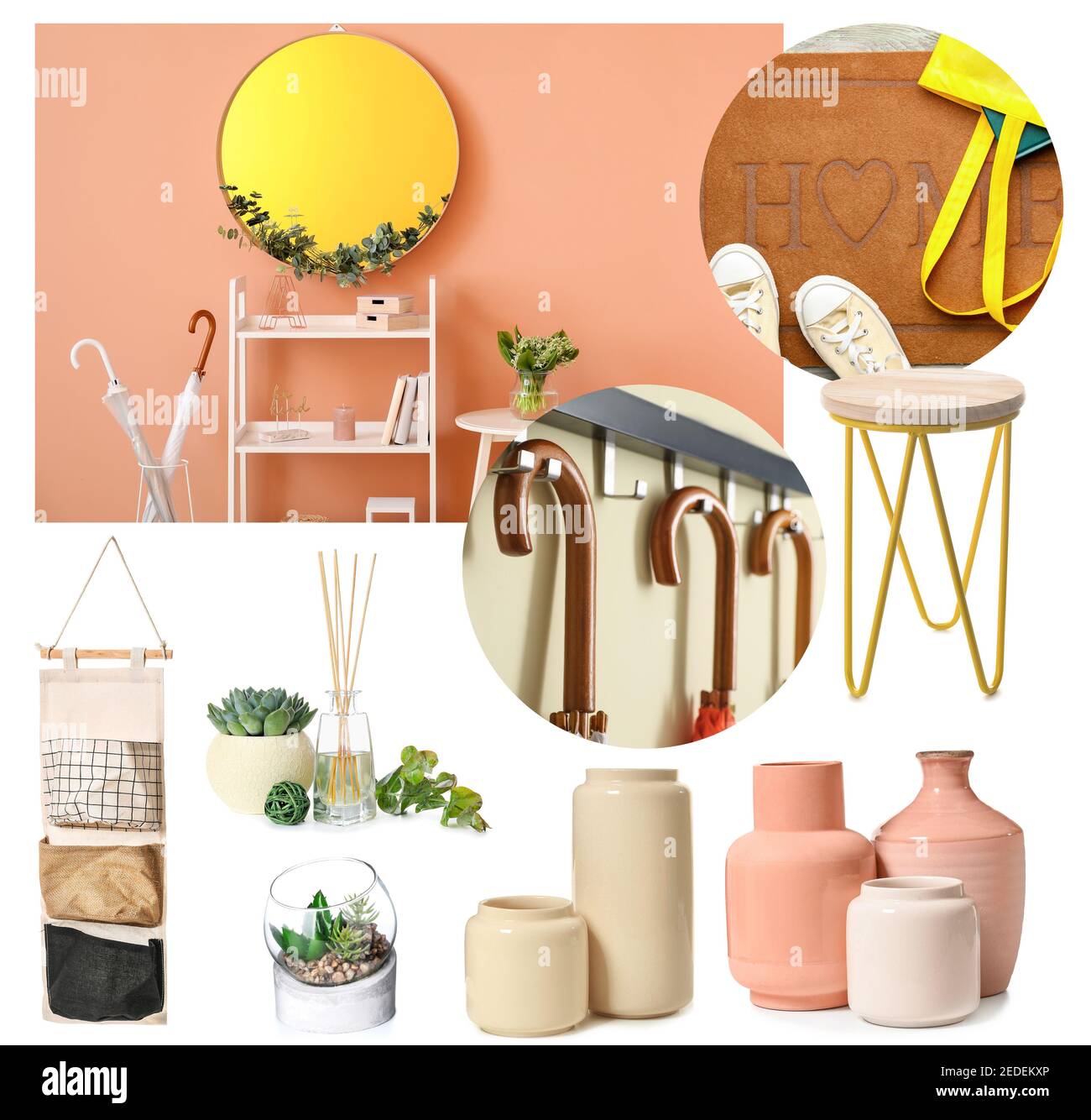 Collage of different elements for hallway interior on white background ...