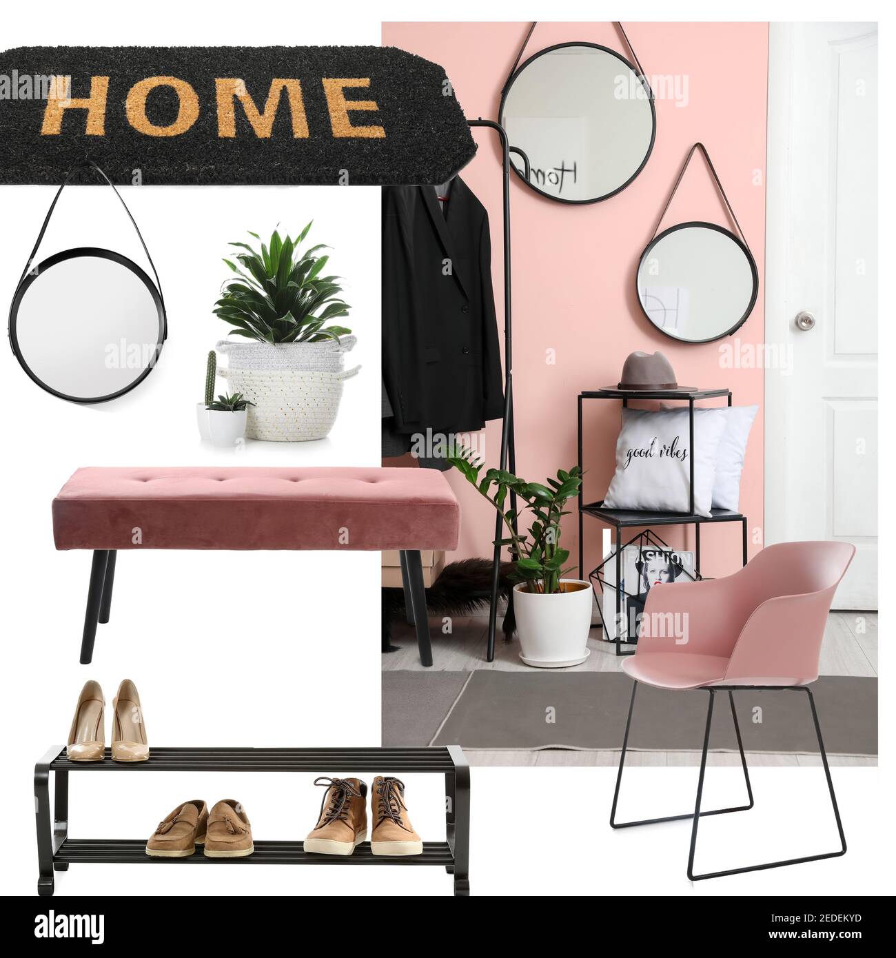 Collage of different elements for hallway interior on white background ...