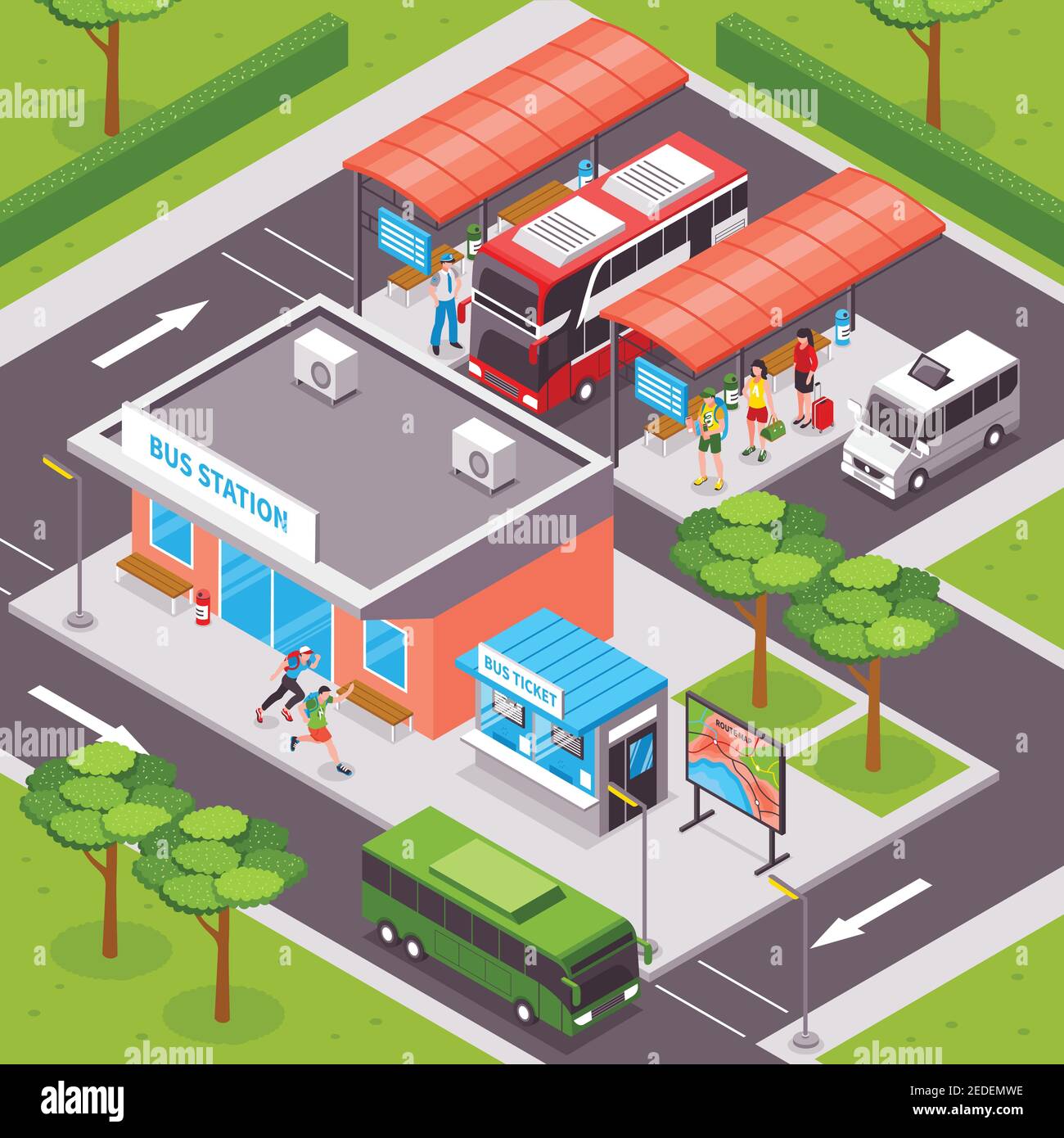 Bus station isometric design with tourists on platforms public ...
