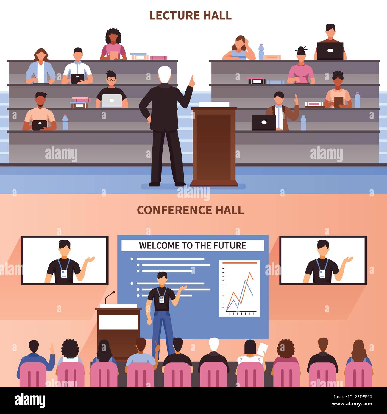 Two horizontal lecture and conference hall banner set with welcome to ...