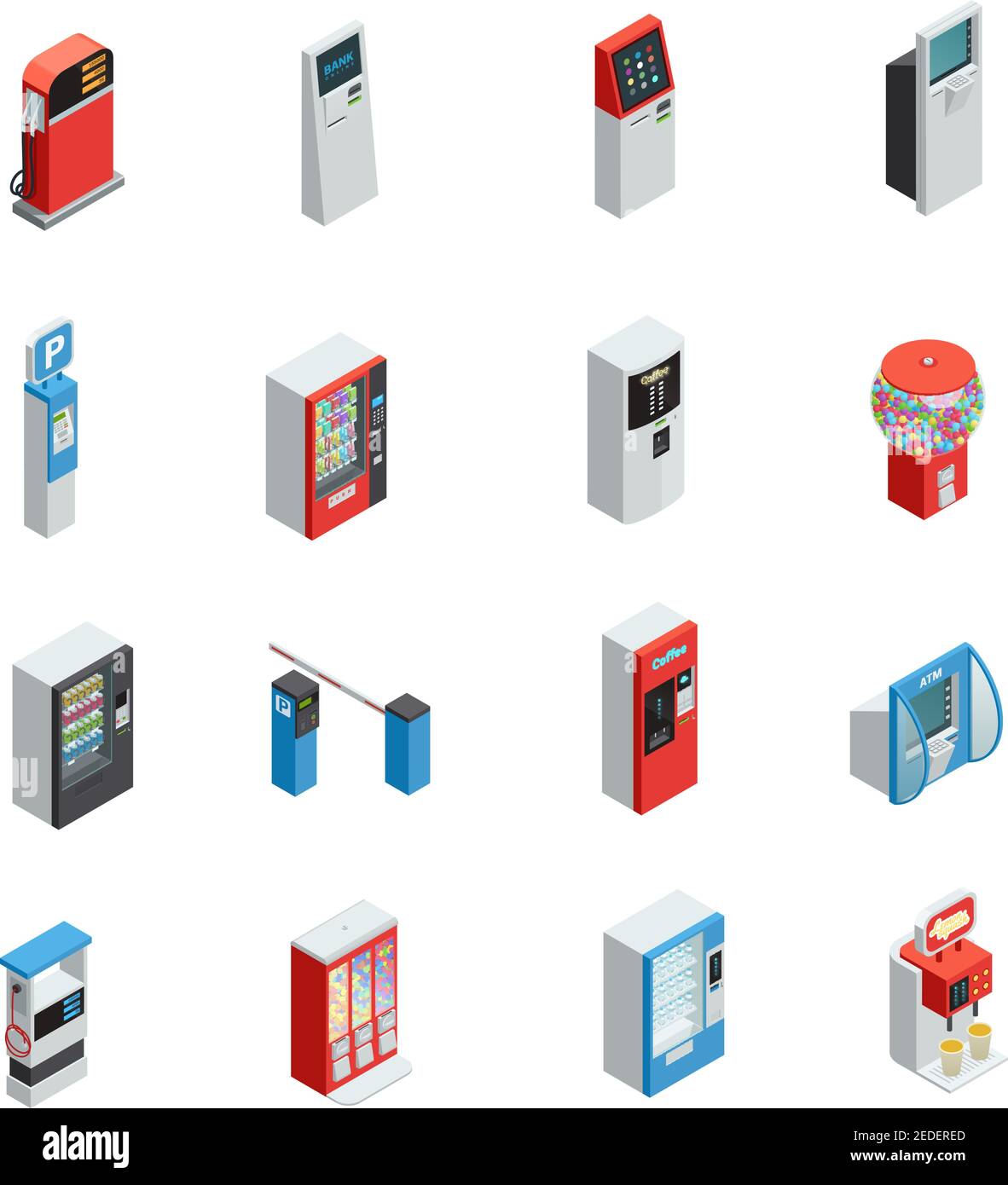 Vending machines isometric icons set with food and parking machines isolated vector illustration ...