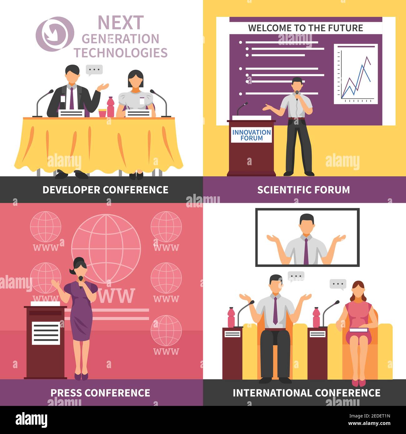 Four square conference hall interior icon set with developer conference ...