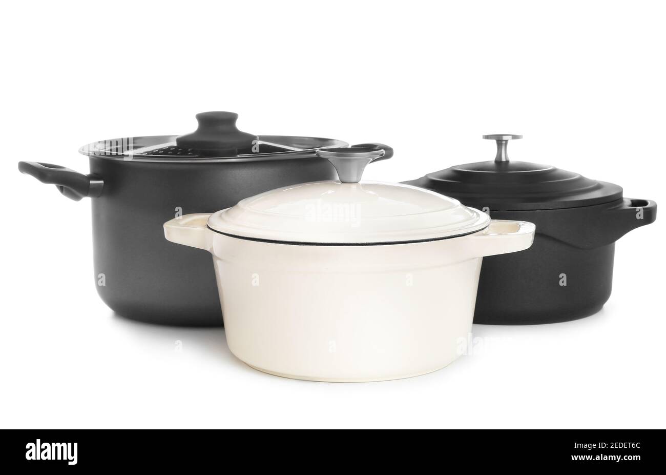 Cooking pots on white background Stock Photo - Alamy