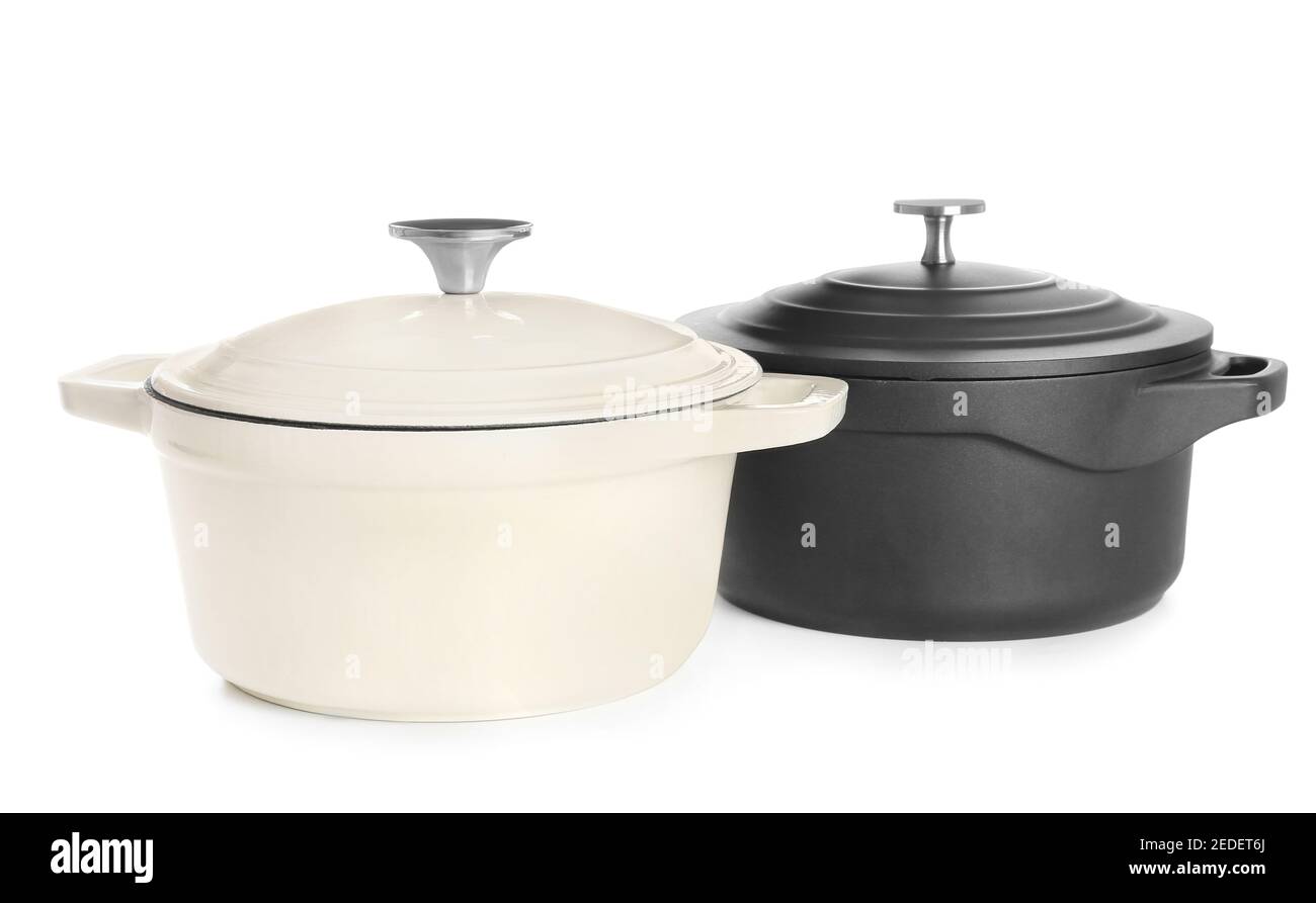 Cooking pots on white background Stock Photo - Alamy