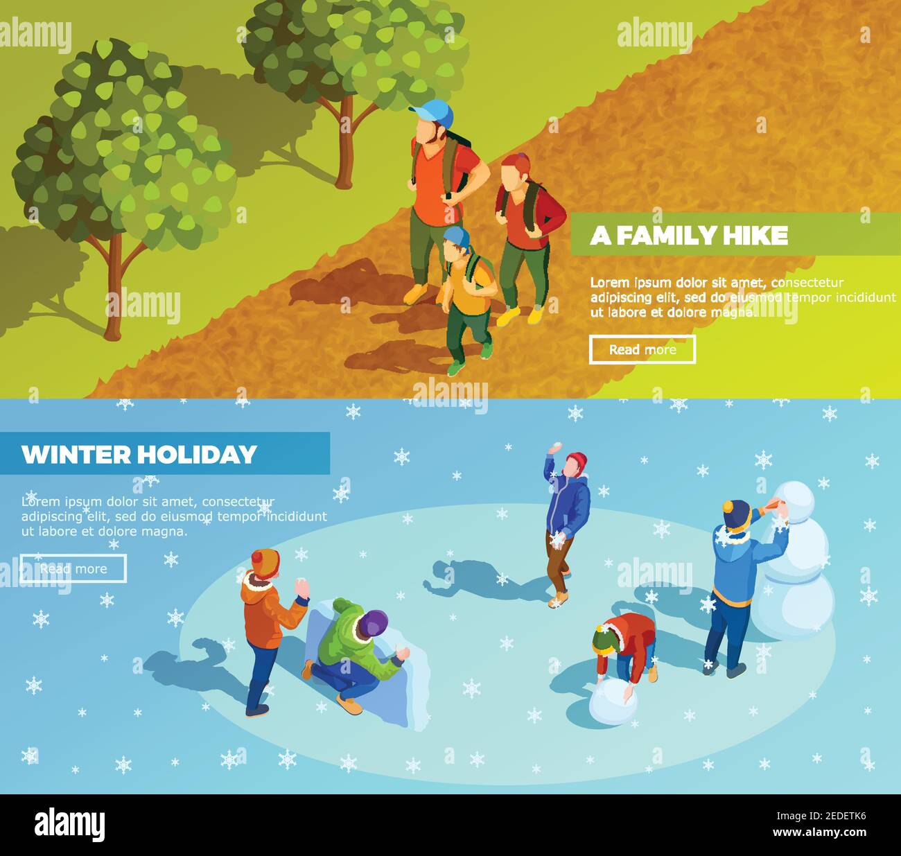 Family outdoor activities 2 isometric webpage banners with winter ...