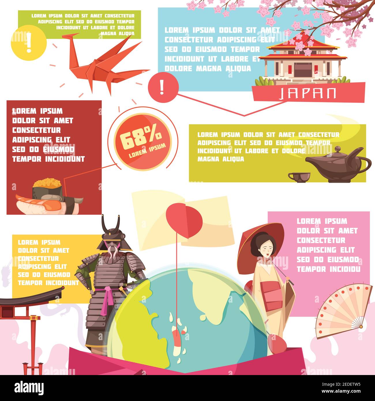 Japan retro cartoon infographics with flag and globe information about ...