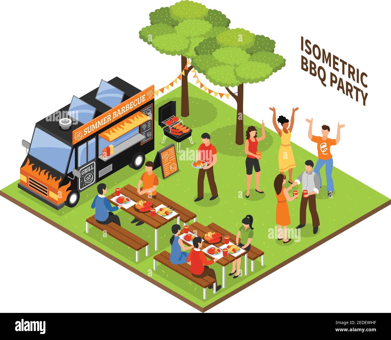 Isometric bbq party at nature with eating and dancing people vehicle ...
