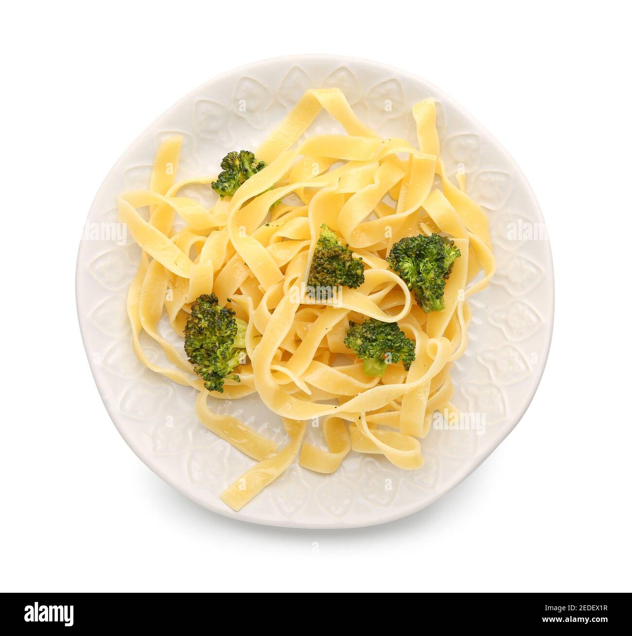 Plate with tasty pasta and broccoli on white background Stock Photo - Alamy