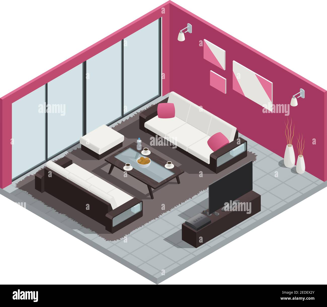 Dining room isometric composition with sofa table and windows vector ...