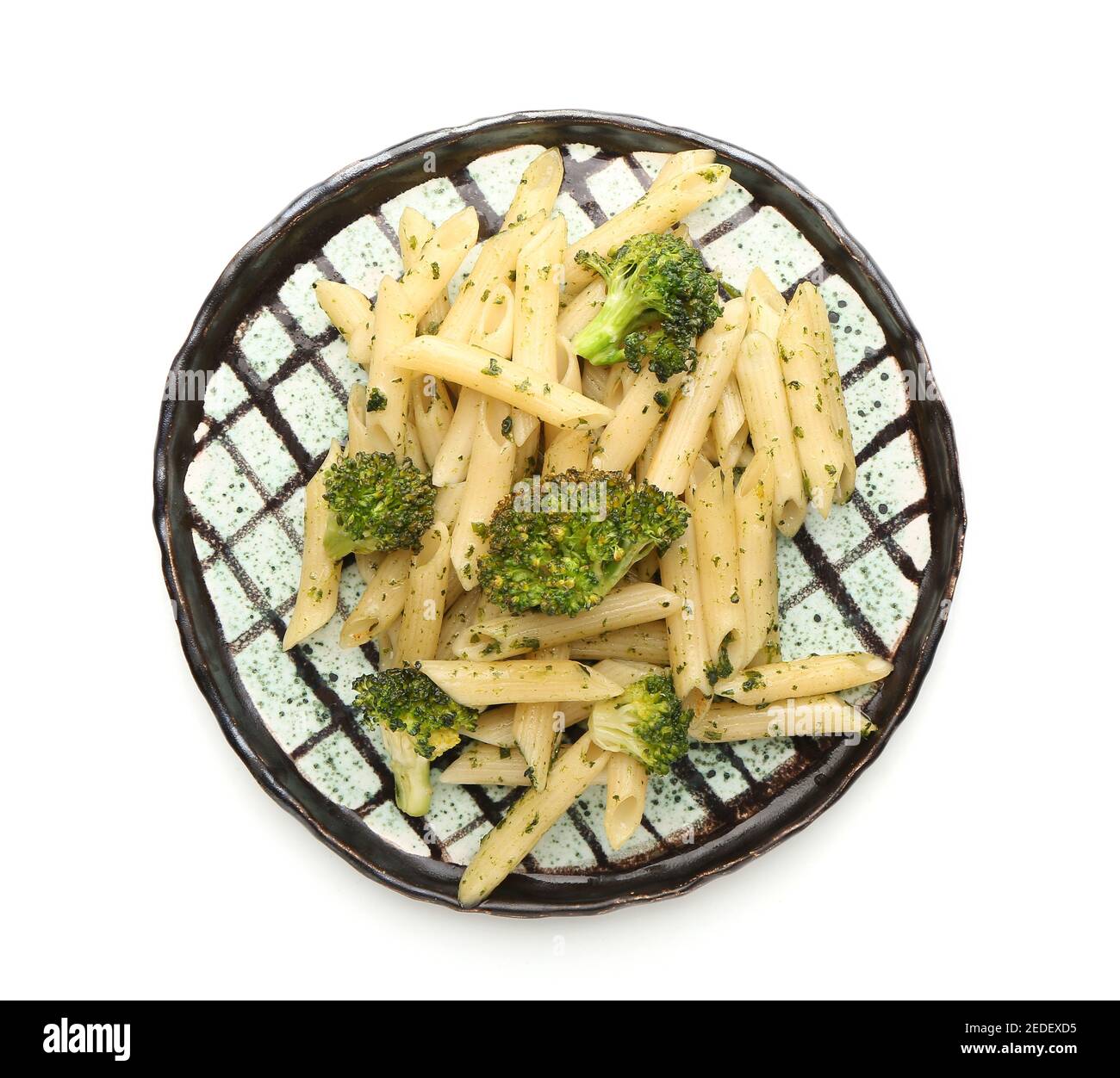 Tasty pasta with broccoli on white background Stock Photo - Alamy