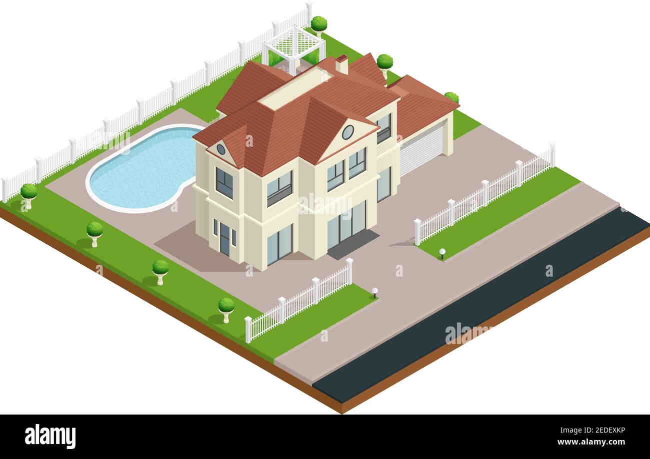 Suburb house building isometric composition with swimming pool and fence vector illustration ...