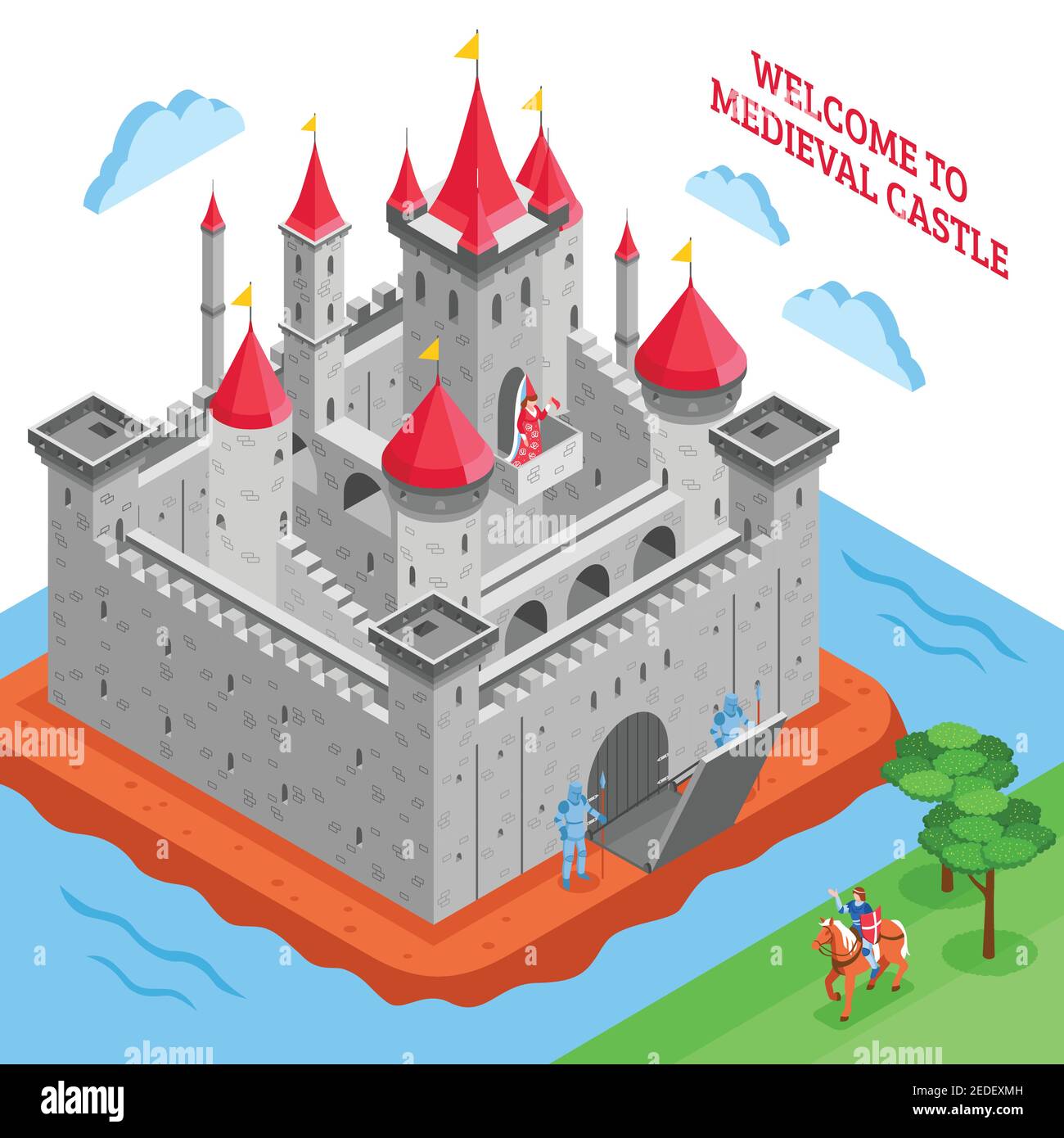 Isometric colored middle ages european royal castle composition with ...