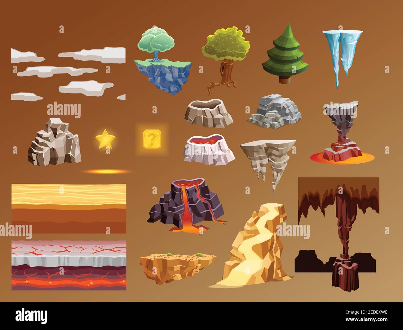 Computer games 3d bright glowing elements collection with golden lava ...