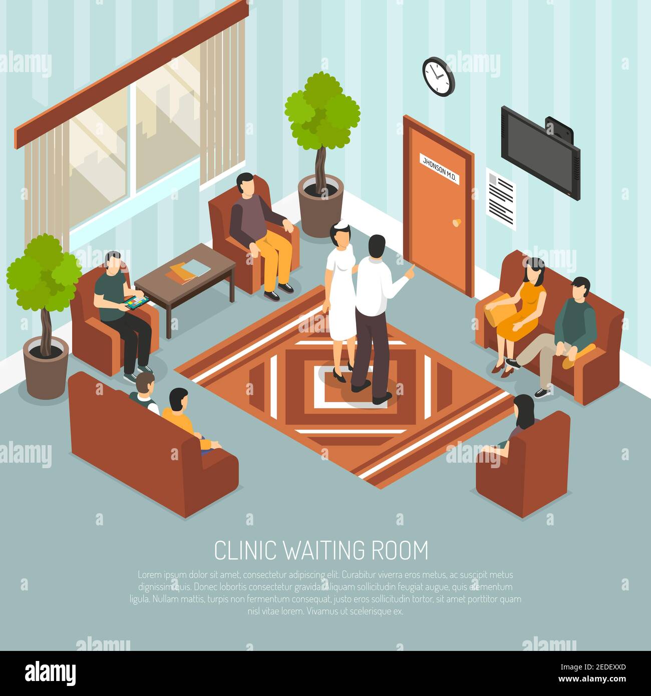Clinic waiting room with medical worker and visitors sitting on brown ...