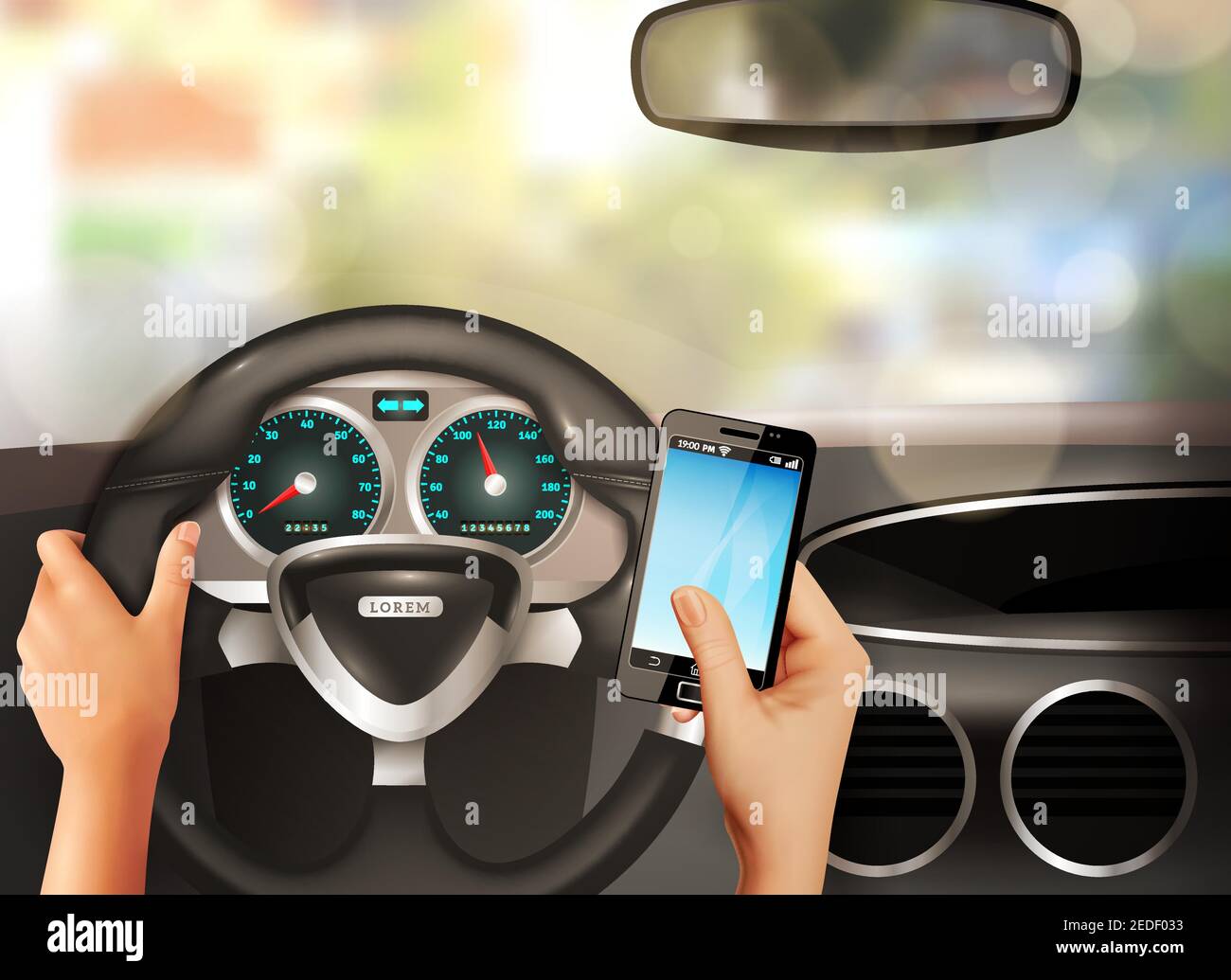 Car inside design concept with human hands holding steering wheel and ...