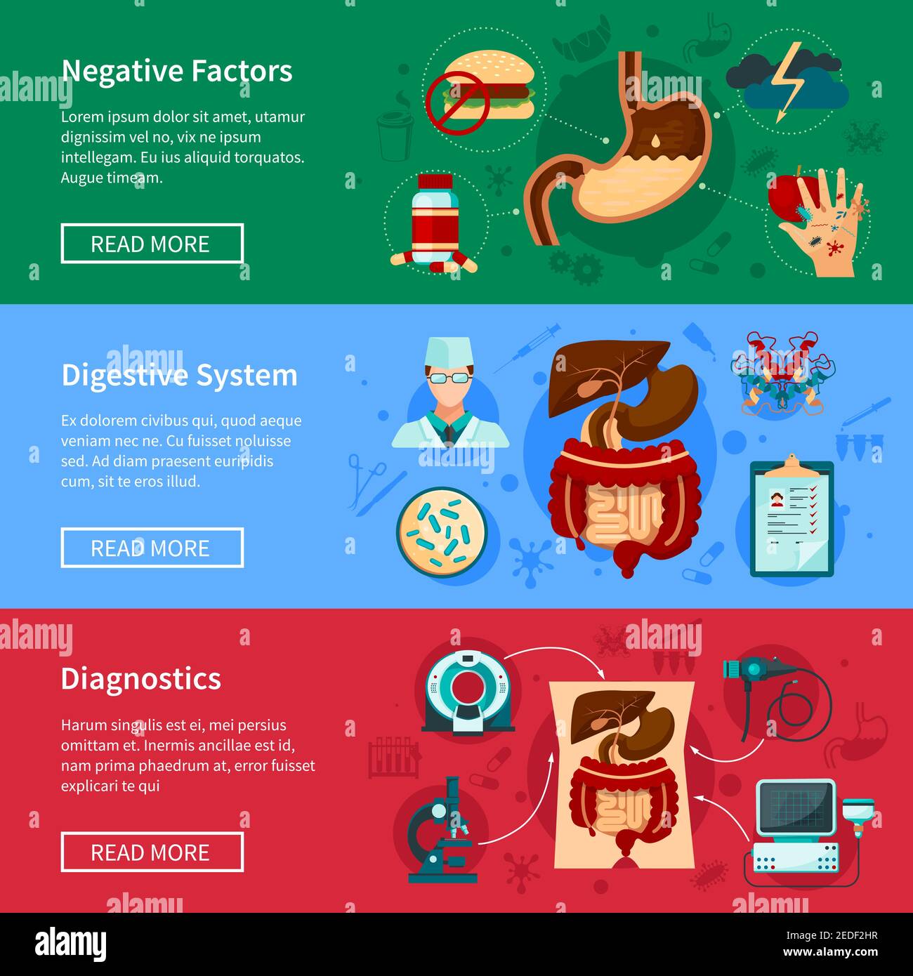 Three horizontal digestive system flat banner set with negative factors ...