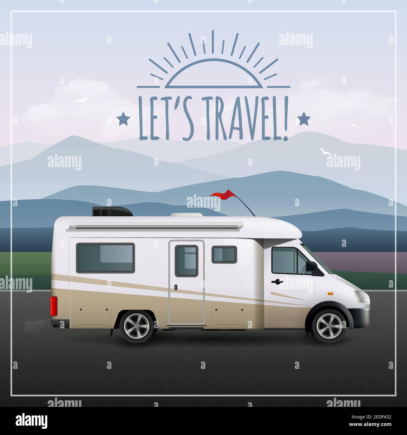 Let s travel poster with recreational realistic vehicle RV on camping ...