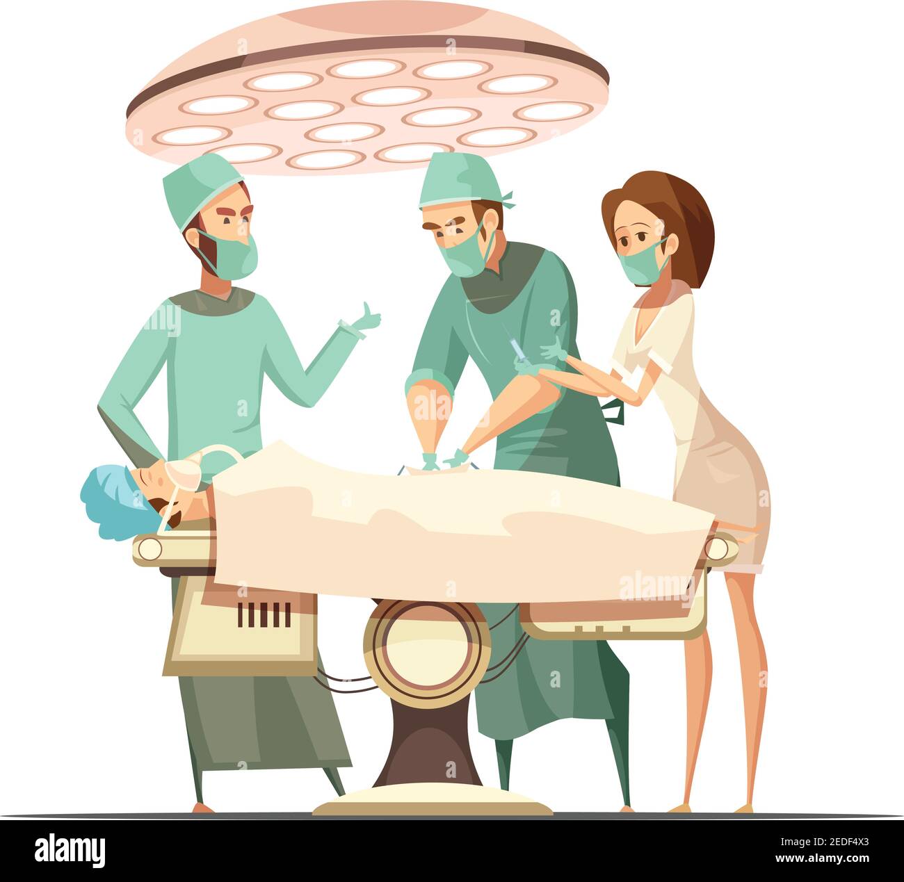 Surgery design in cartoon retro style with operating lamp medical staff ...
