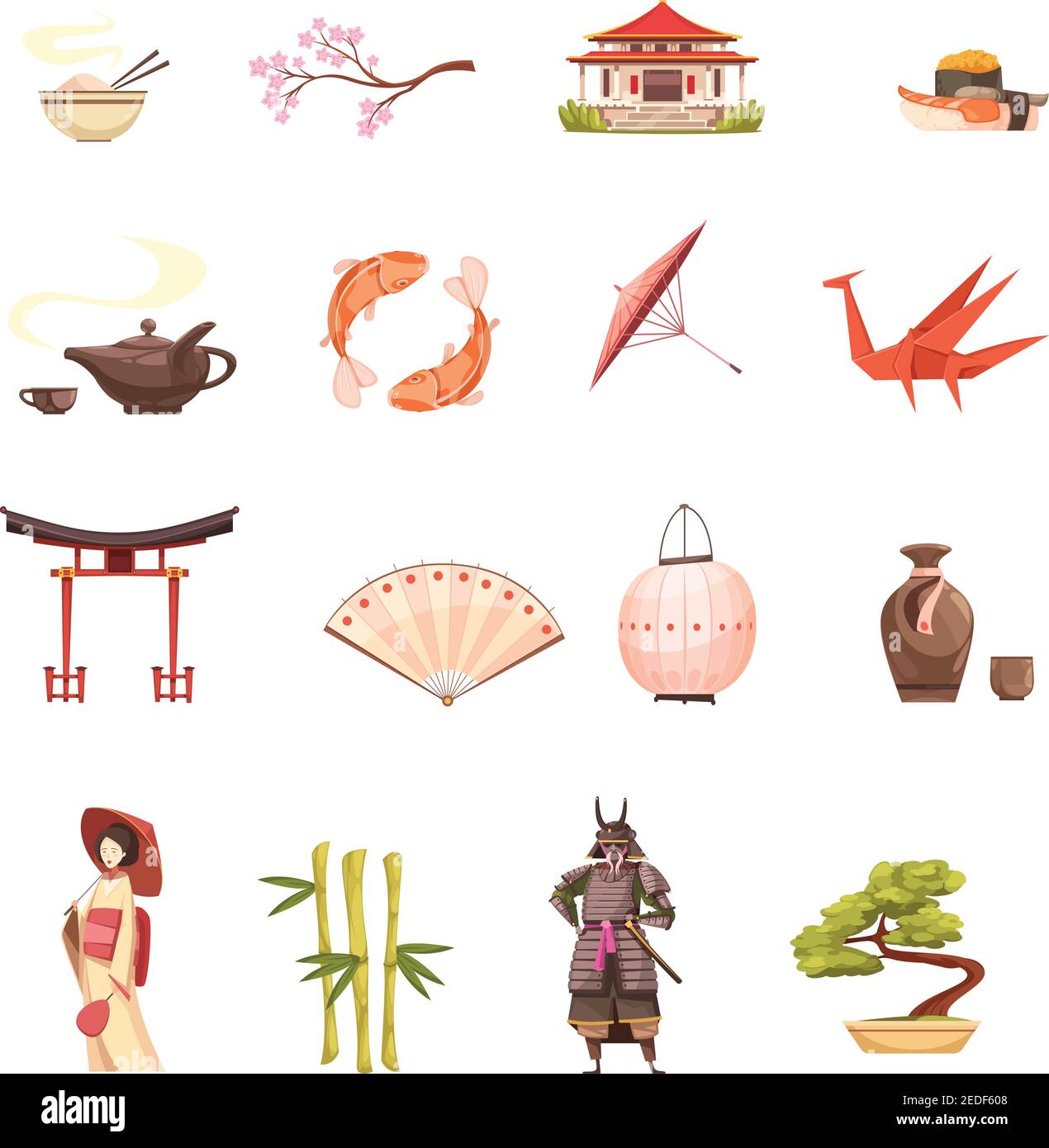 Japan retro cartoon icons set with shrine sakura geisha samurai origami ...