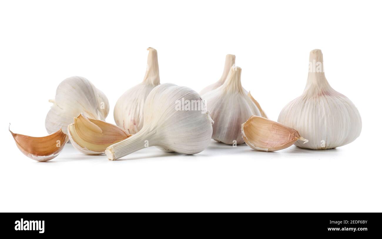 Fresh garlic on white background Stock Photo - Alamy