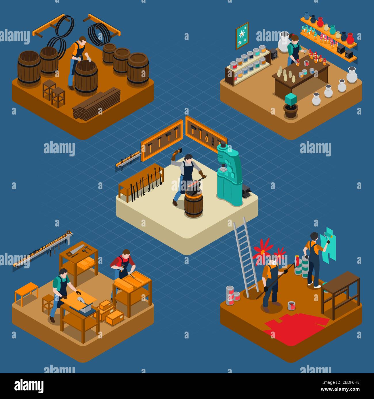 Craftsman isometric composition with creation of casks blacksmith ...
