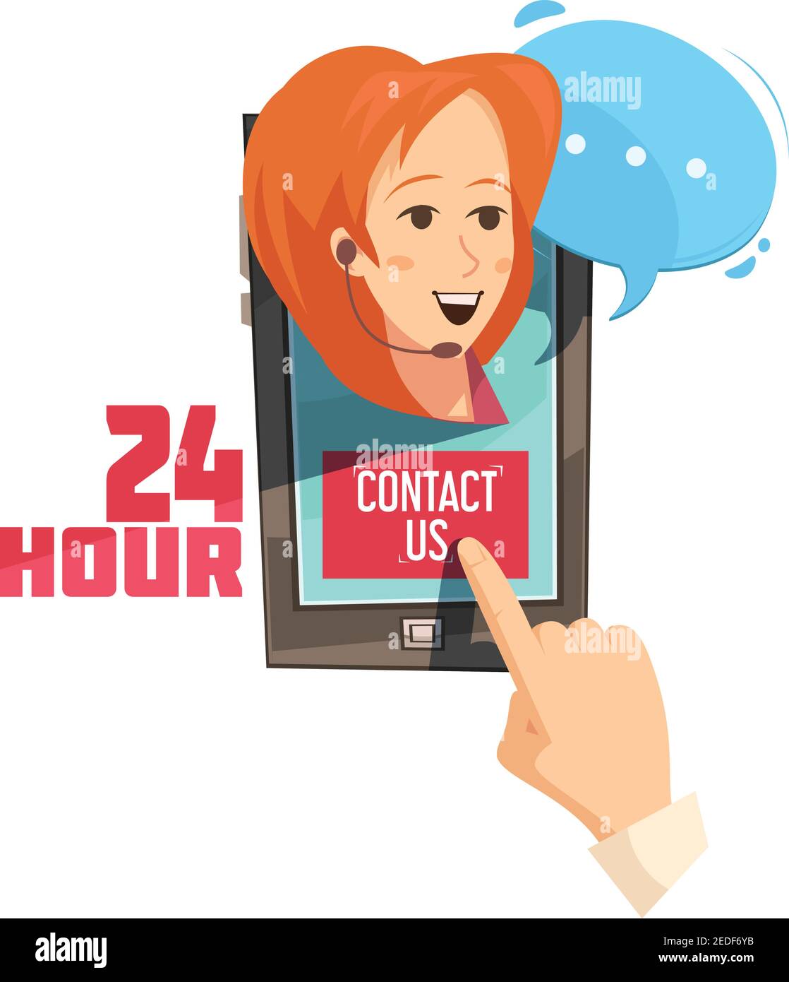 Contact us 24 hour design with hand on mobile device with smiling ...