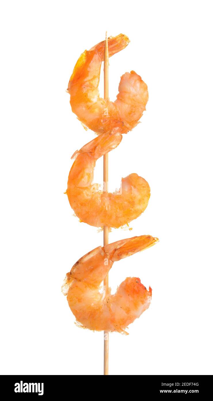 Stick with tasty shrimps on white background Stock Photo - Alamy