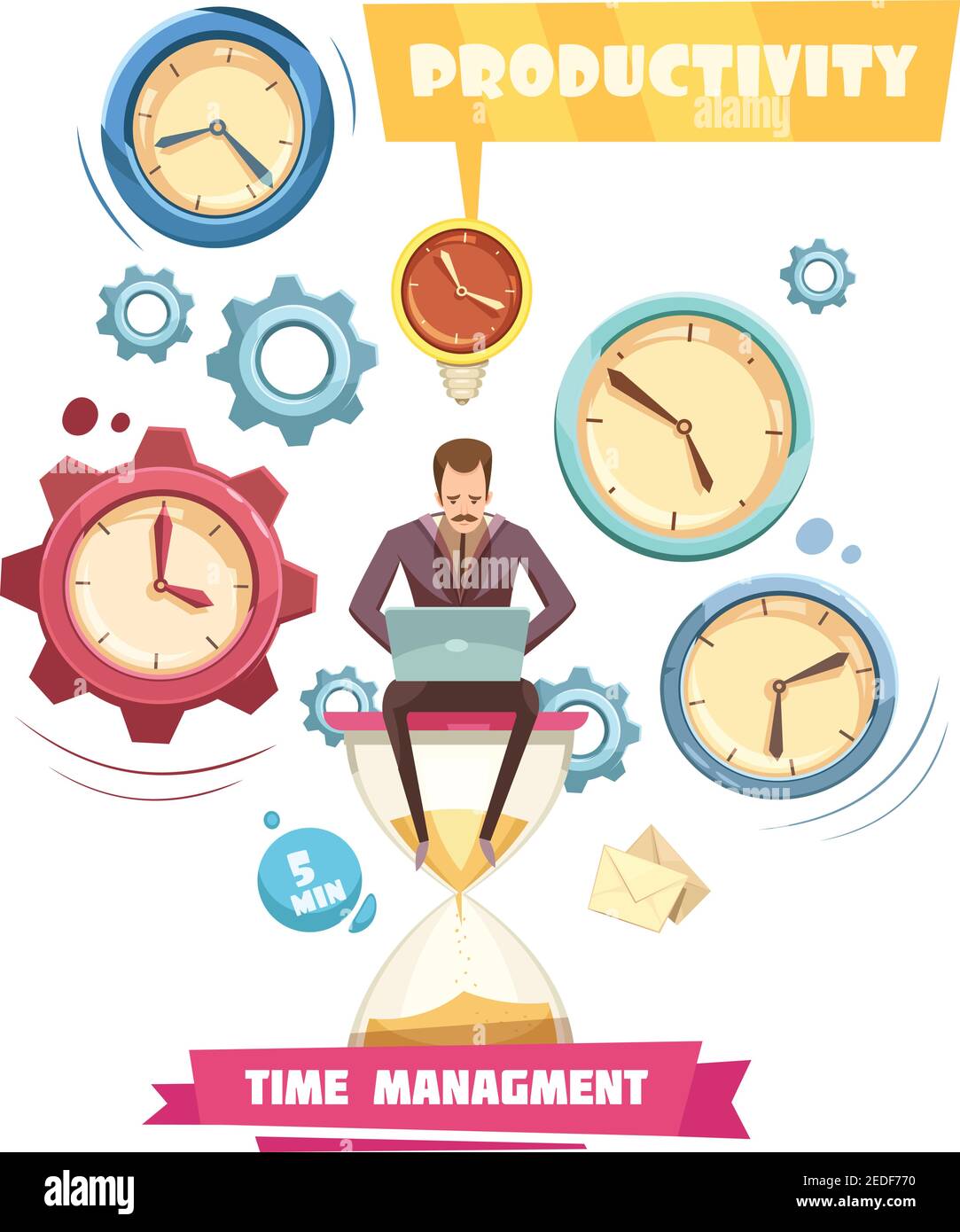 Time management retro cartoon concept with productivity of man sitting ...