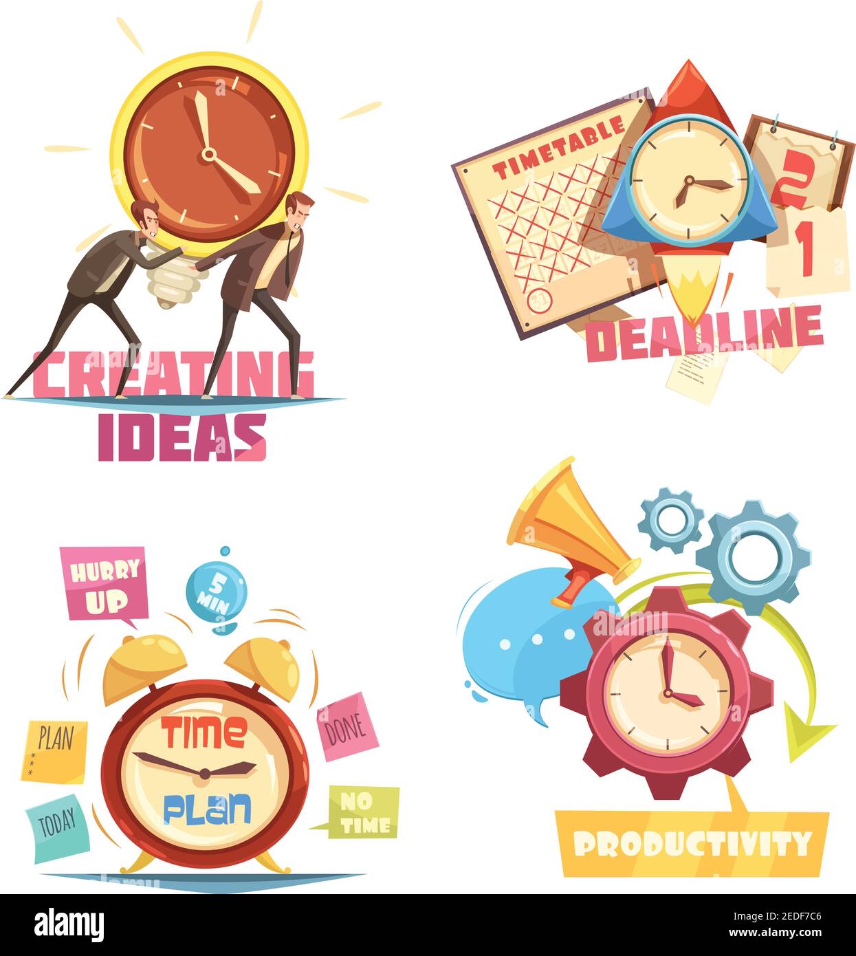 Time management retro cartoon compositions with creating ideas and ...