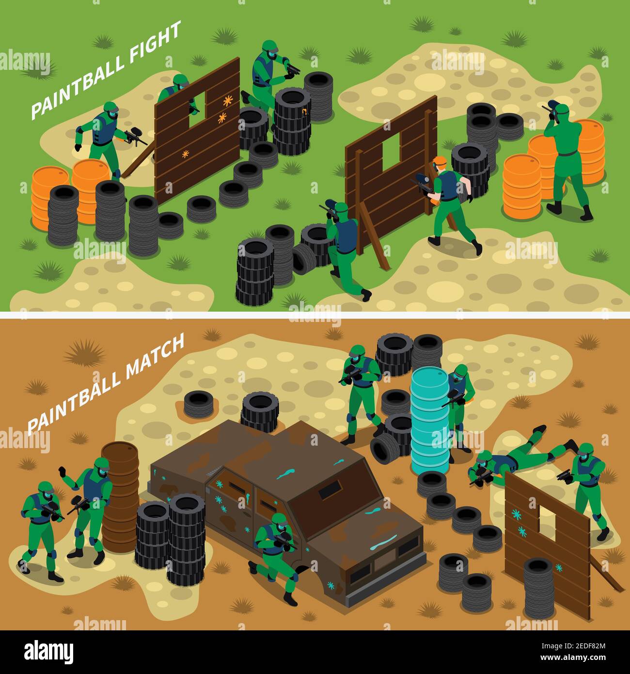 Paintball isometric banners with fight and match between teams with ...