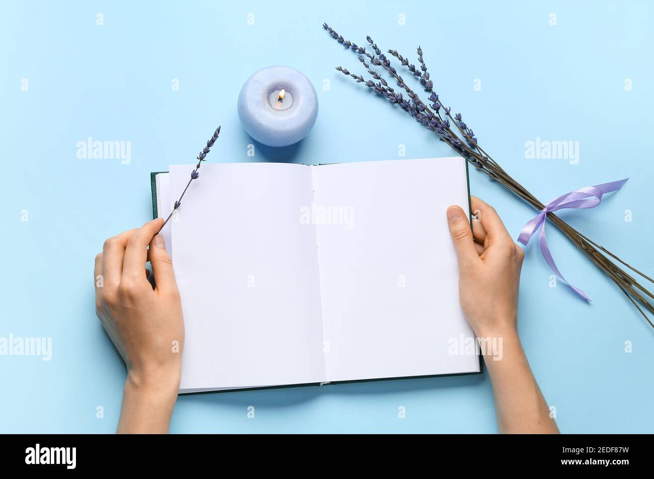 Female hands with blank book, candle and lavender on color background ...
