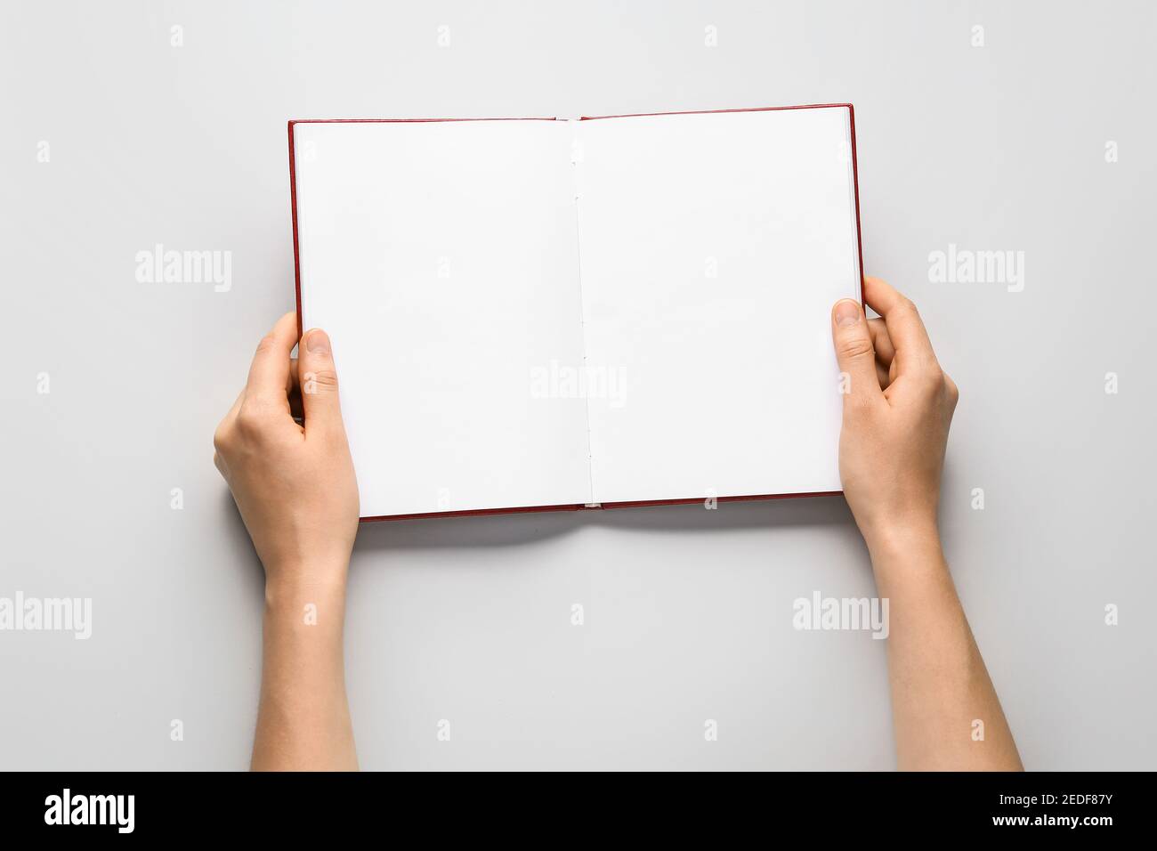 Female hands with blank book on light background Stock Photo - Alamy