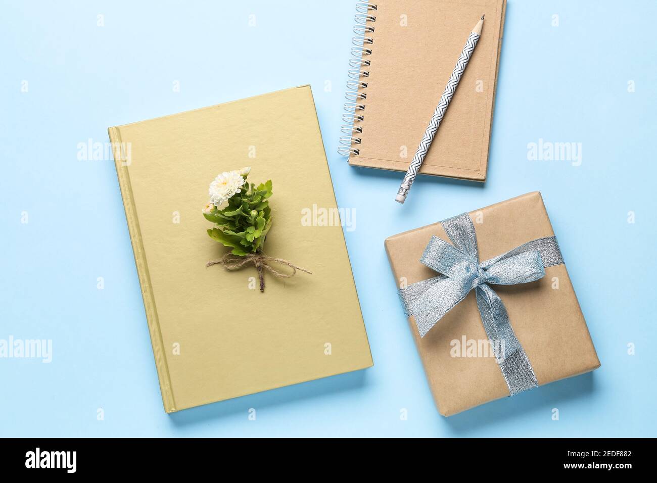 Blank book, notebook and gift box on color background Stock Photo - Alamy