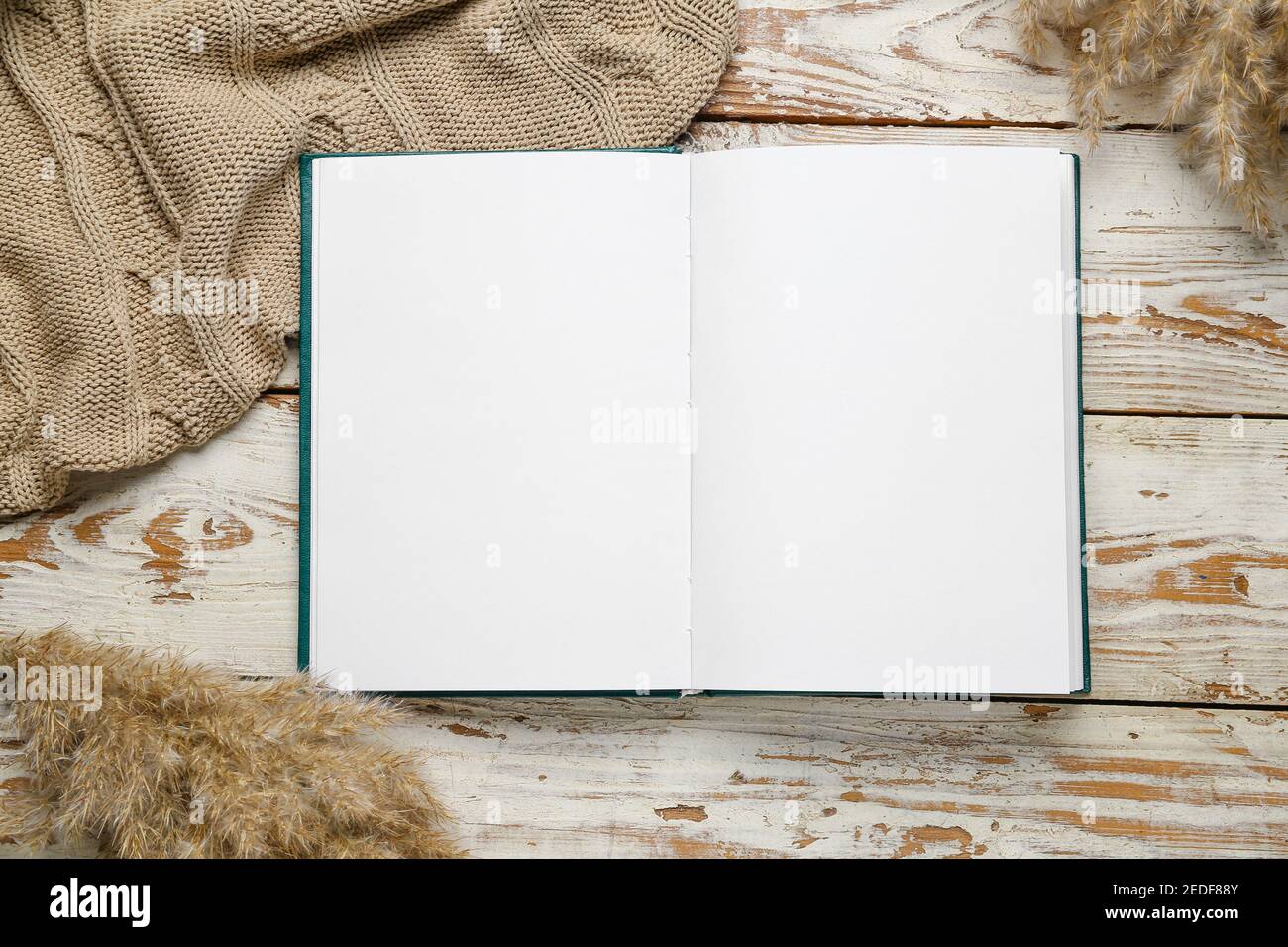 Blank open book and reed on wooden background Stock Photo - Alamy