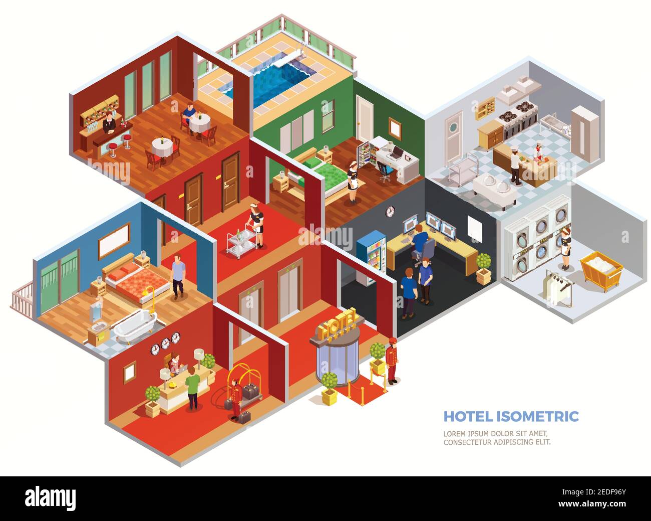Isometric composition of hotel rooms design interior with staff and ...