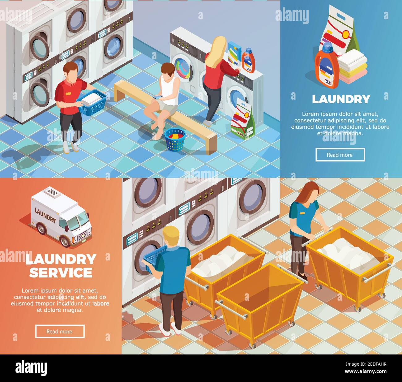 Colorful horizontal laundry service room with facilities for washing ...