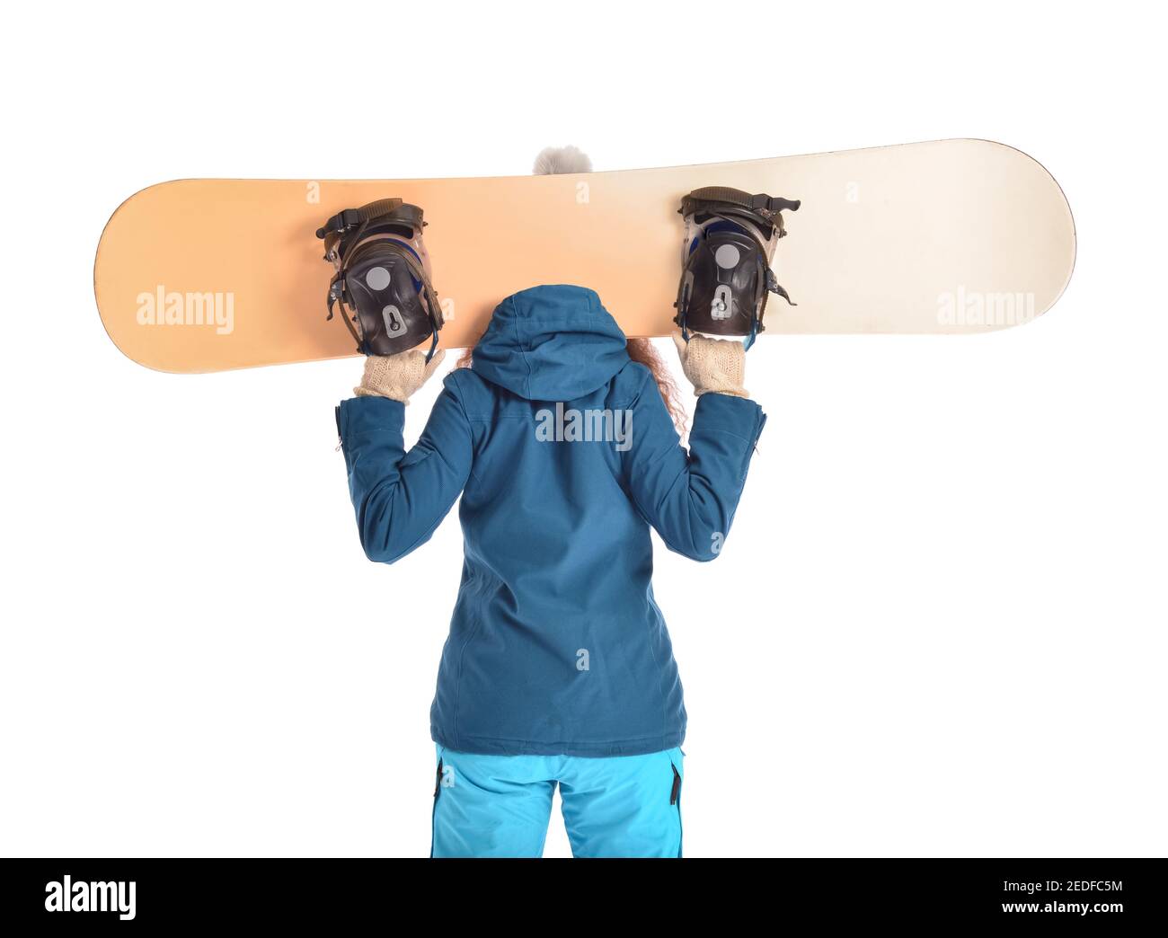 Female snowboarder on white background, back view Stock Photo - Alamy