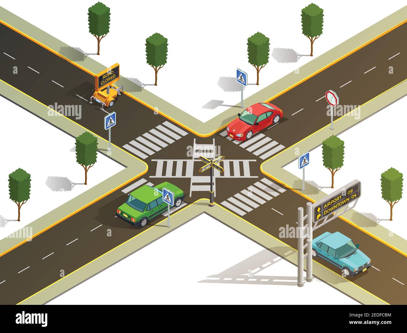 City suburb crossroads navigation isometric view with traffic boards ...