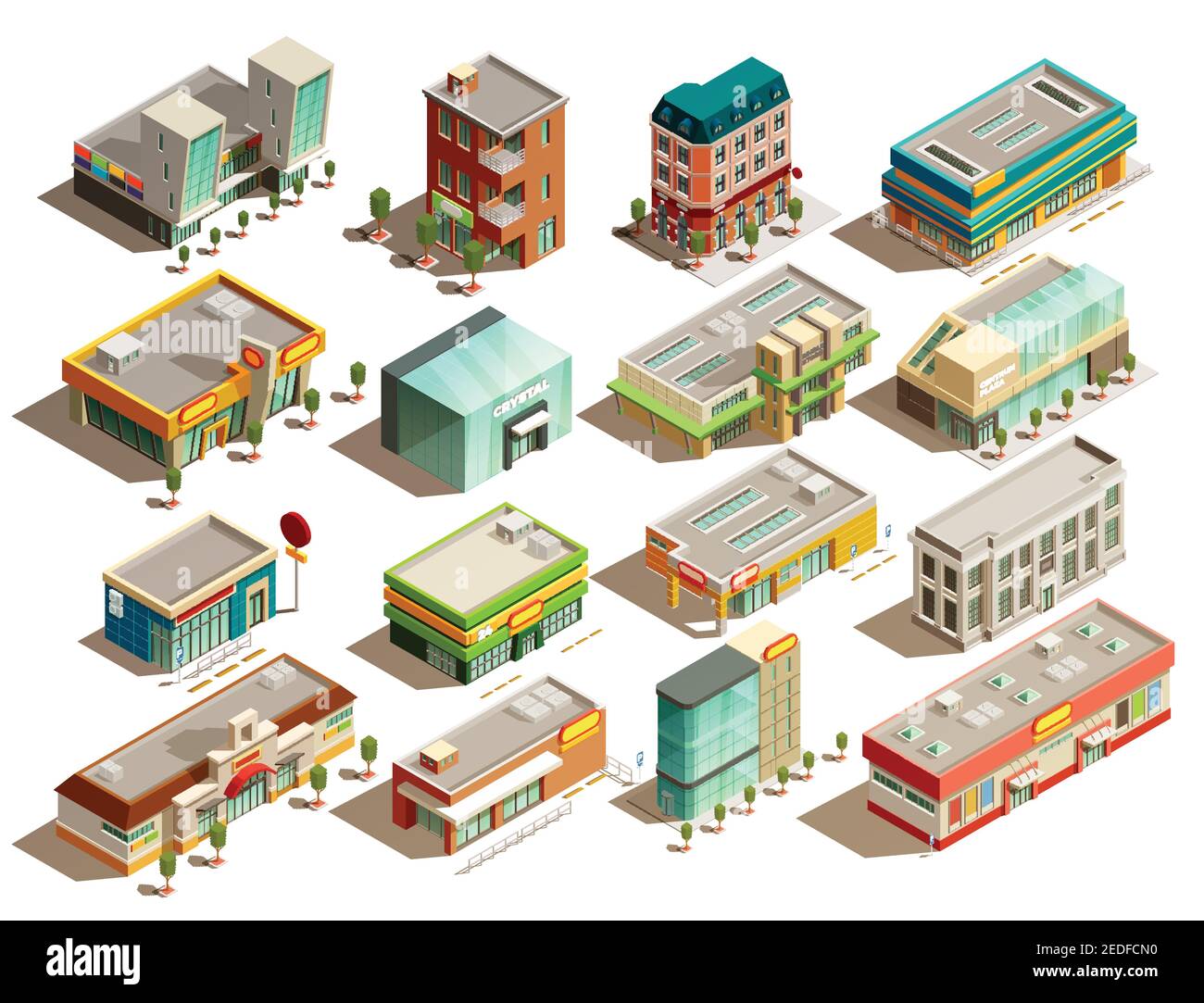 Modern urban store buildings of different styles isometric icons set ...