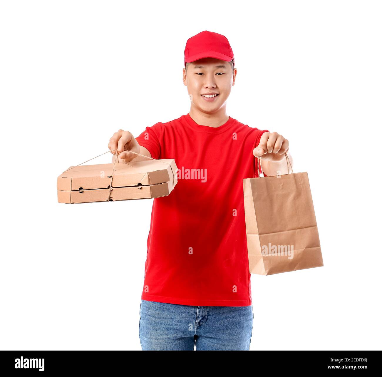 Courier of food delivery service on white background Stock Photo - Alamy