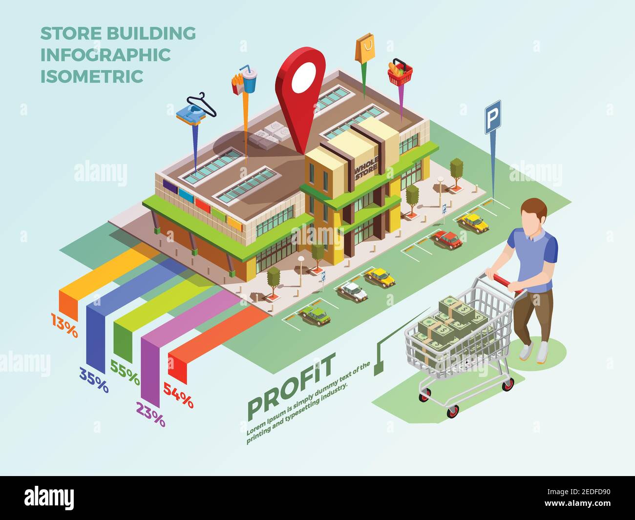 Big store building with parking zone and customer infographic isometric ...