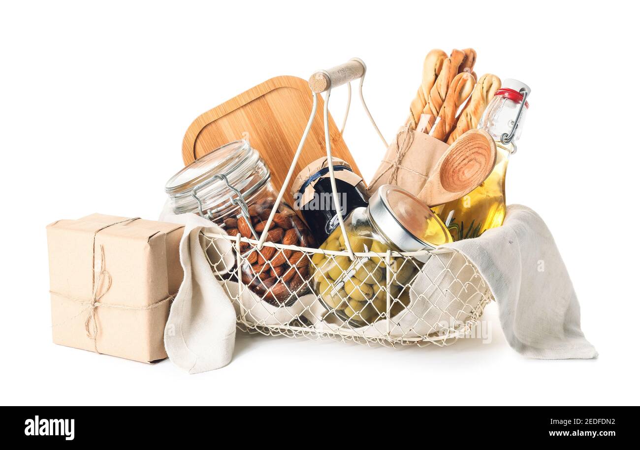 Gift basket with products on white background Stock Photo - Alamy