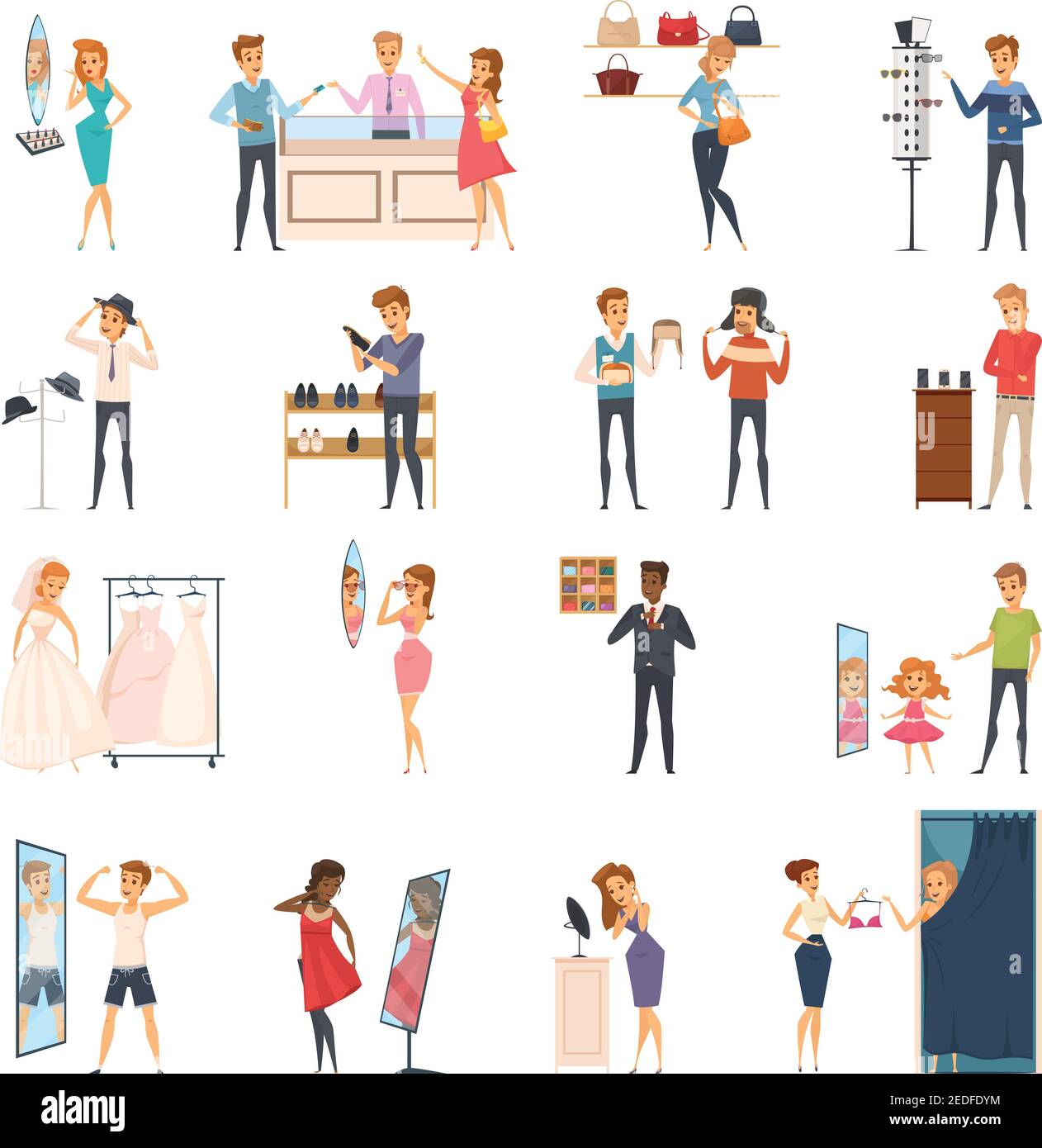 Colored and isolated trying shop flat people icon set with trying on ...