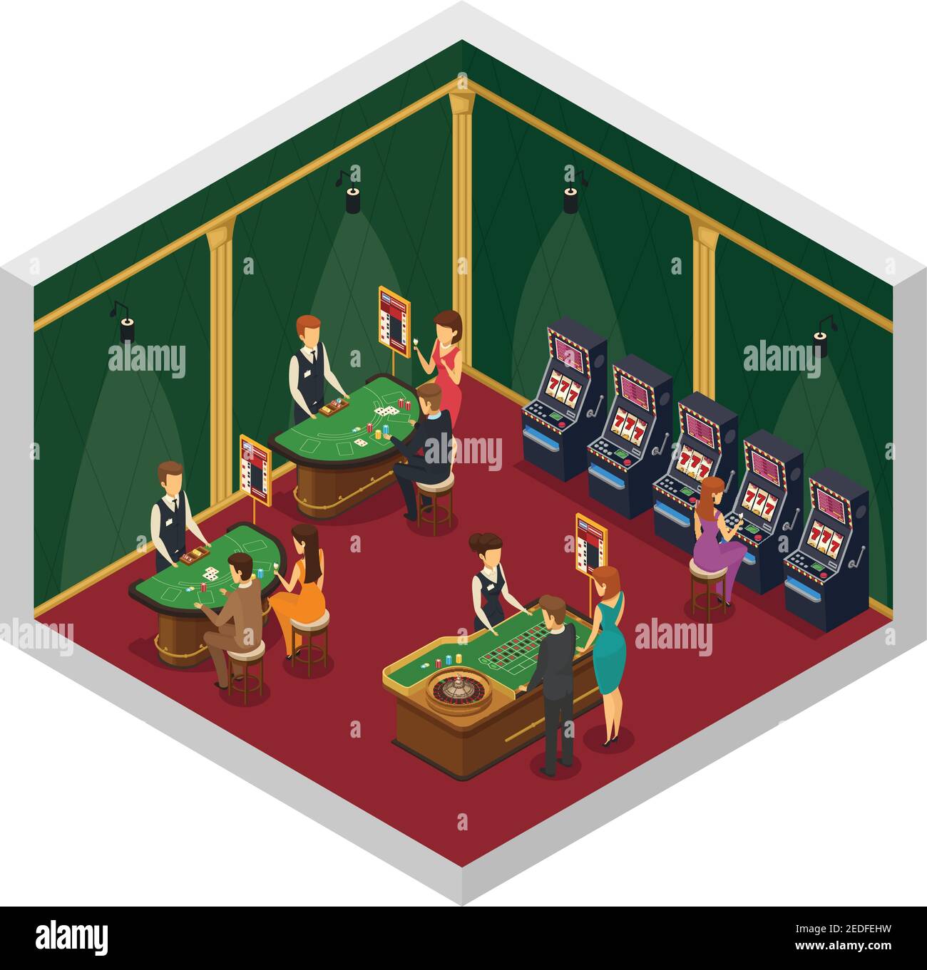 Colored casino isometric interior composition with two walls and red ...