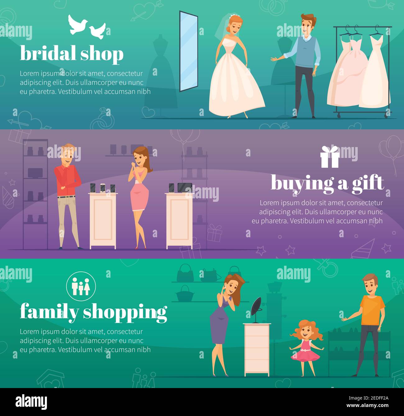 Three horizontal trying shop flat people banner set with bridal shop ...
