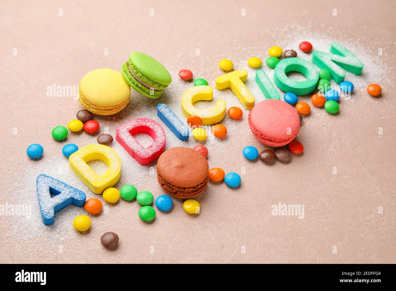 Different sweets on color background. Concept of addiction Stock Photo ...