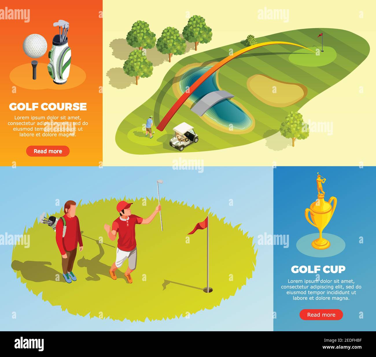 Golf isometric horizontal banners with decorative elements showing ...