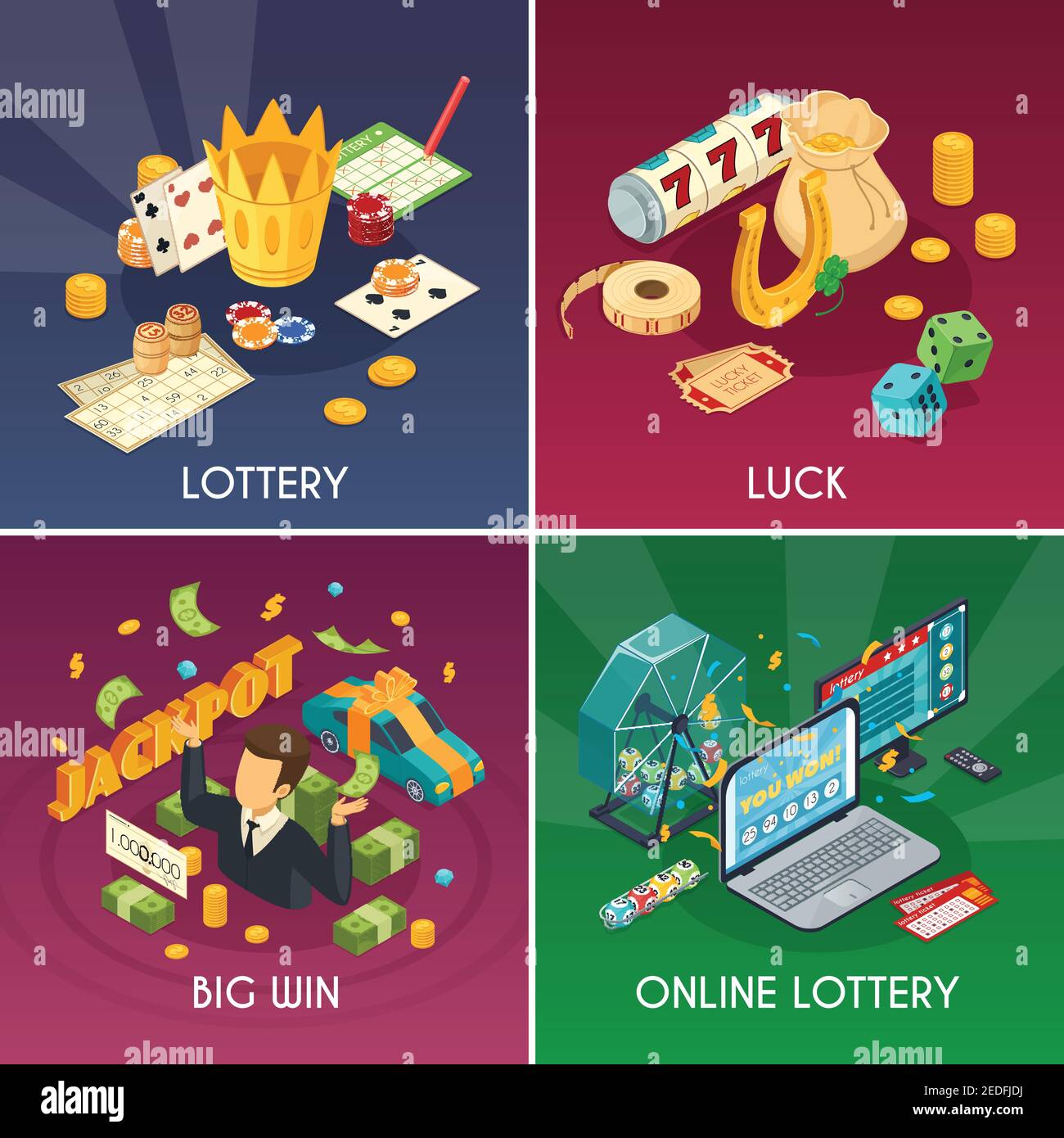 Lottery concept icons set with luck and win symbols isometric isolated ...