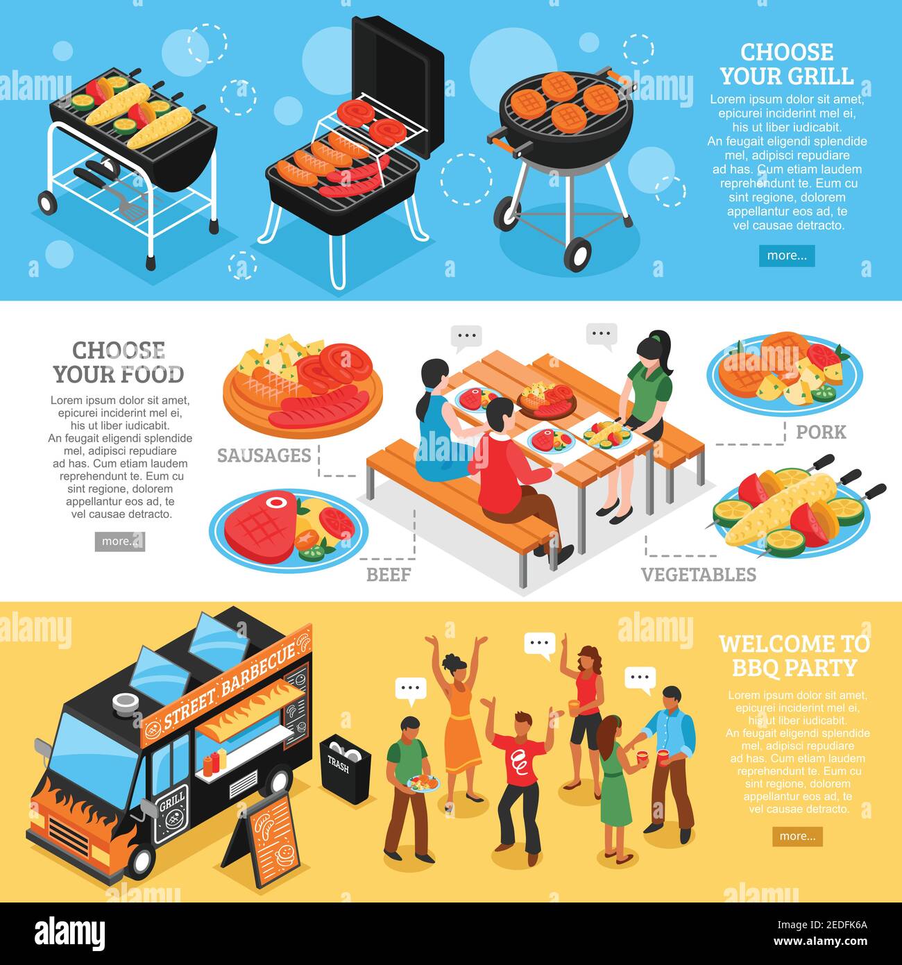 Set of 3d isometric banners with barbecue equipment grilled meat and ...