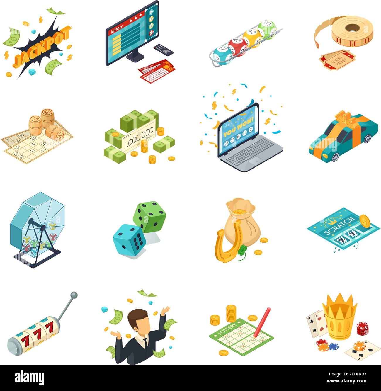 Lottery isometric icons set with jackpot symbols isolated vector ...